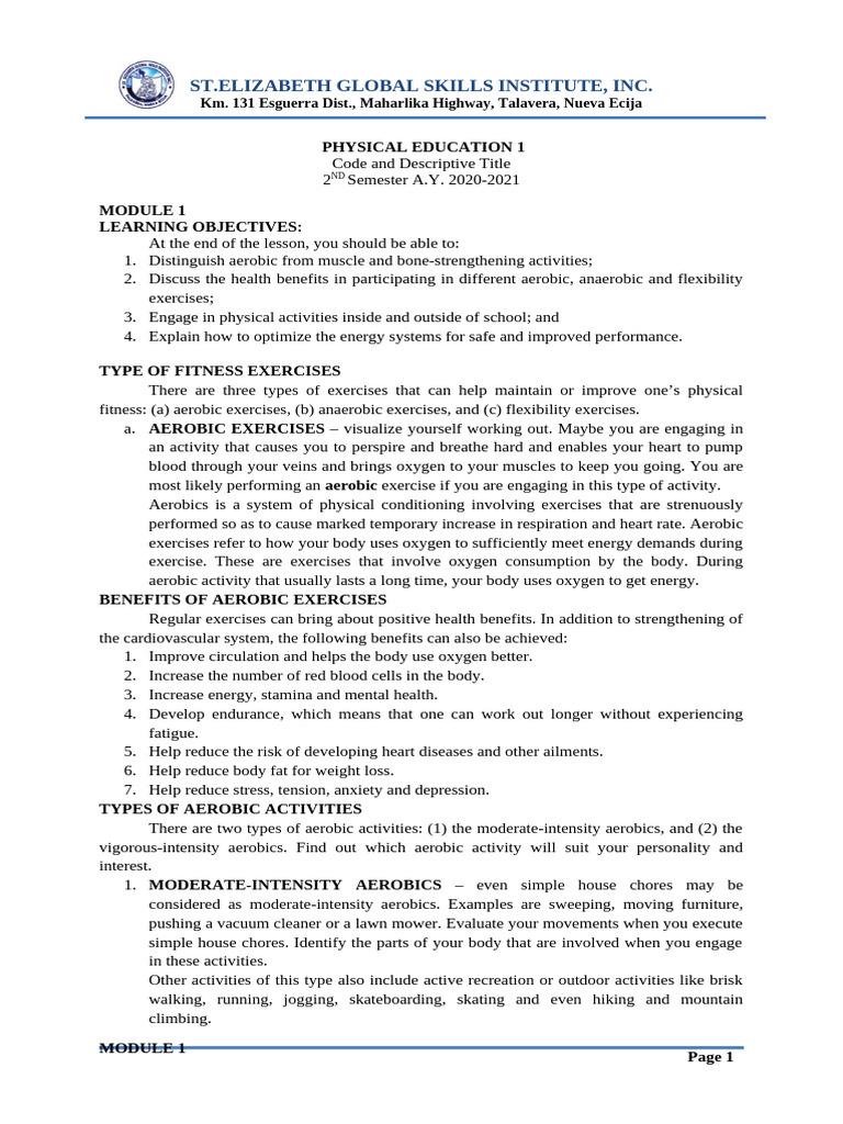 Module 1 Physical Education | PDF | Aerobic Exercise | Wellness