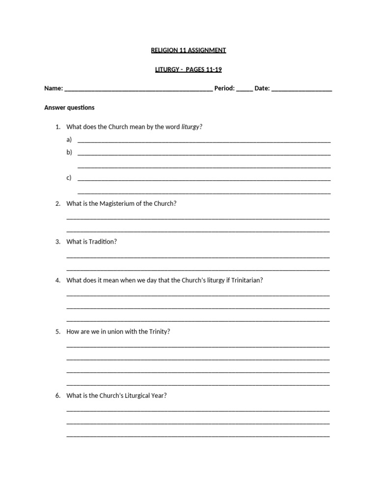 Liturgy Assignment Unit One Theology 11 2024 | PDF