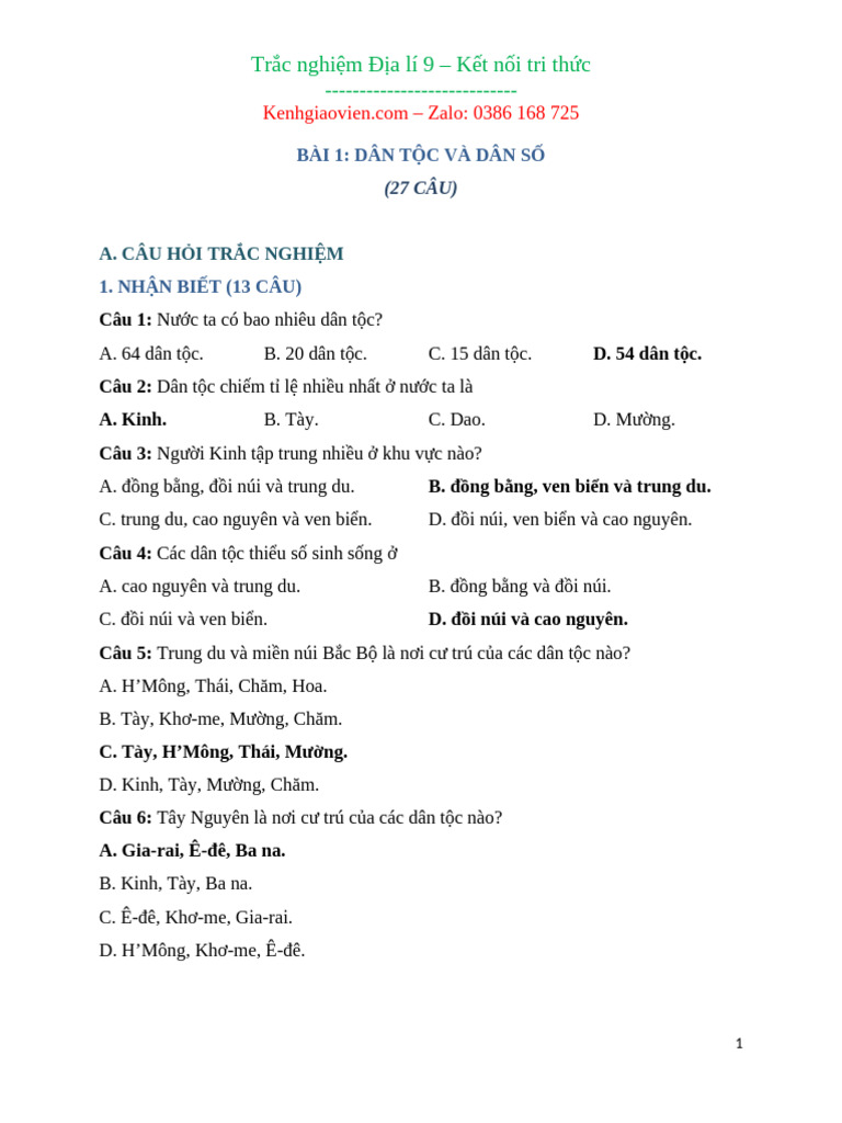 TN Dia Li 9 KNTT Bai 1 Dan Toc Va Dan So | PDF