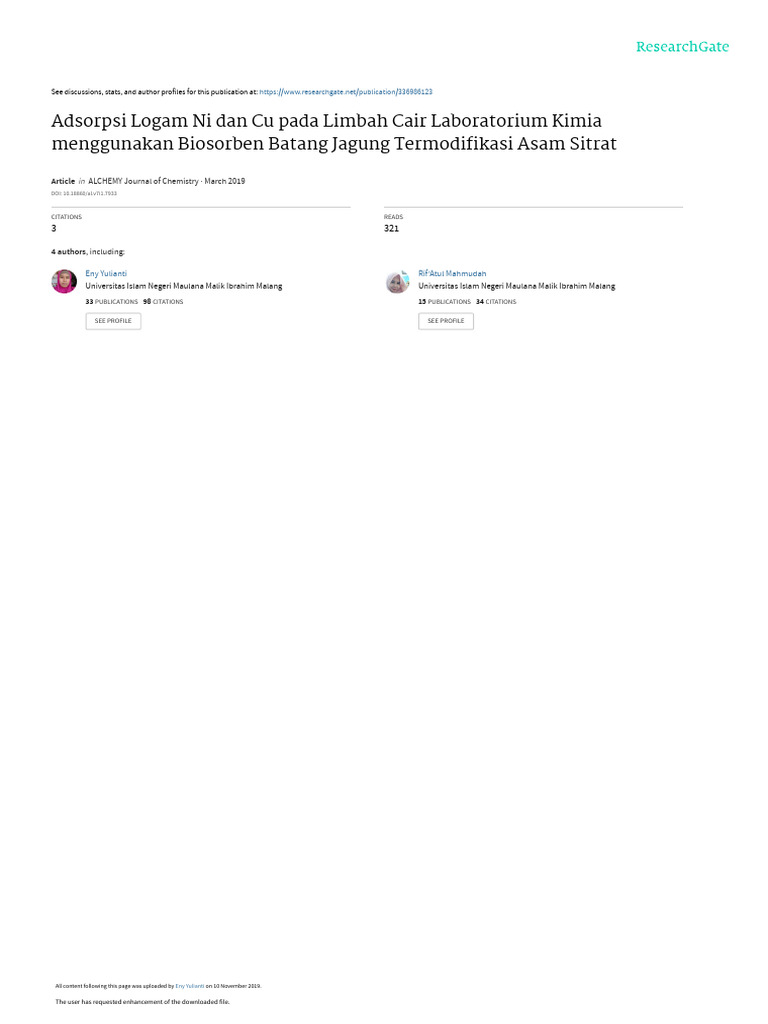 Adsorpsi Logam Nidan Cupada Limbah Cair Laboratorium Kimiamenggunakan Biosorben Batang Jagung ...