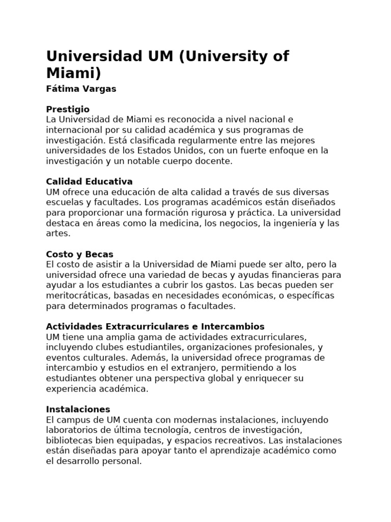 Universidad UM (University of Miami) : Fátima Vargas Prestigio | PDF