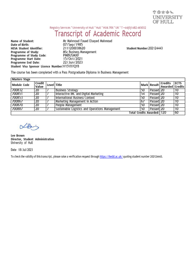 Transcript of Academic Record: Registry Services University of Hull ...