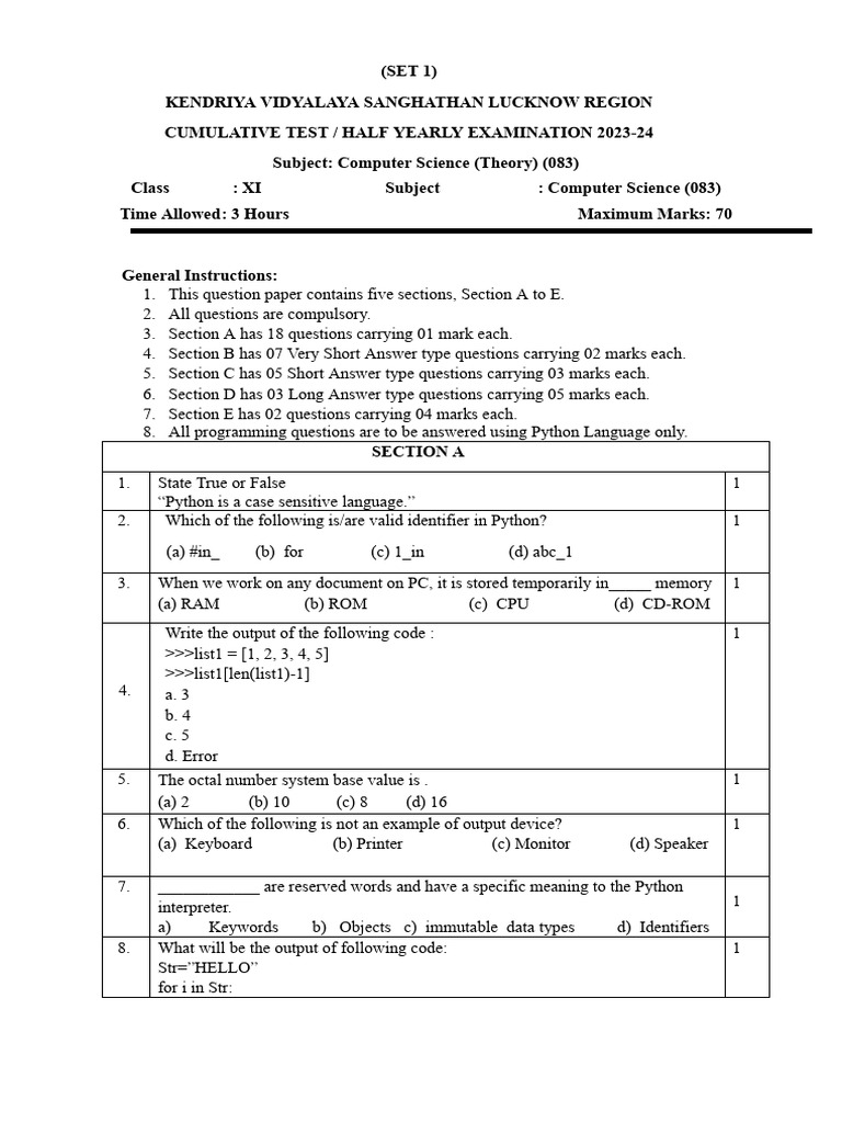 XI Computer Science QP | PDF | Computer Engineering | Teaching Methods & Materials