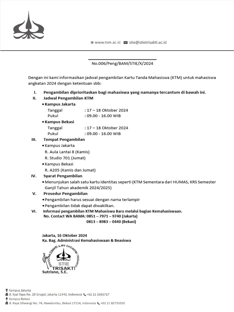 Jadwal Pengambilan KTM Maba 2024 | PDF