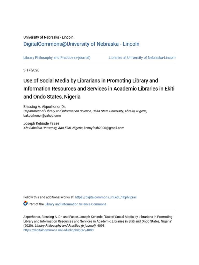 Use of Social Media by Librarians in Promoting Library and | PDF