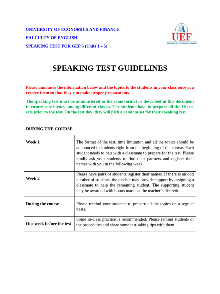 Speaking Test GEP5 - Guidelines | PDF