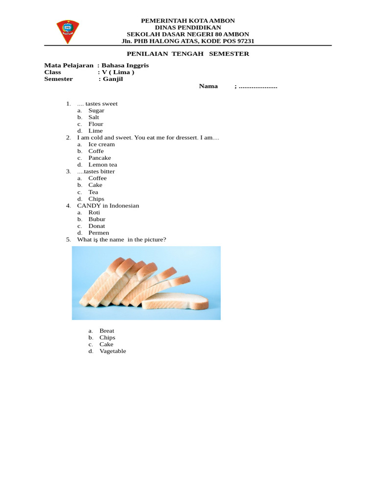 Soal Bahasa Inggris Kelas 5 (Miss Yanti) | PDF