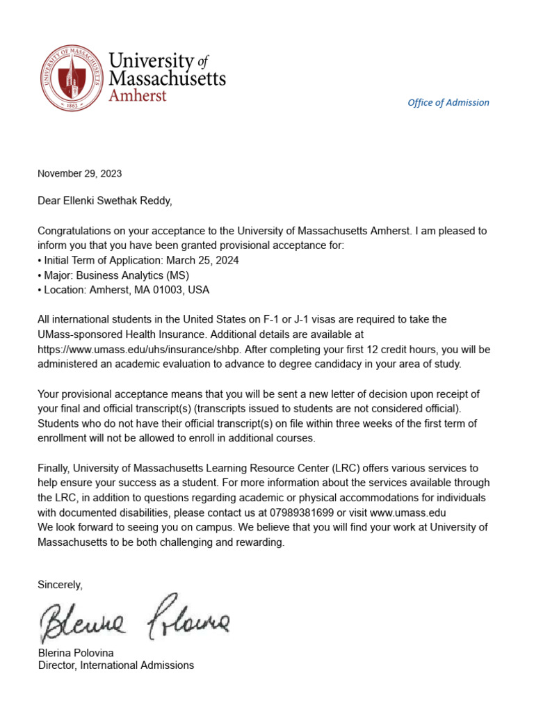 UMass Admission Letter - Ellenki Swethak Reddy | PDF