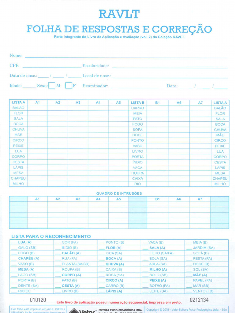 RAVLT - Folha de Resposta e Correção | PDF