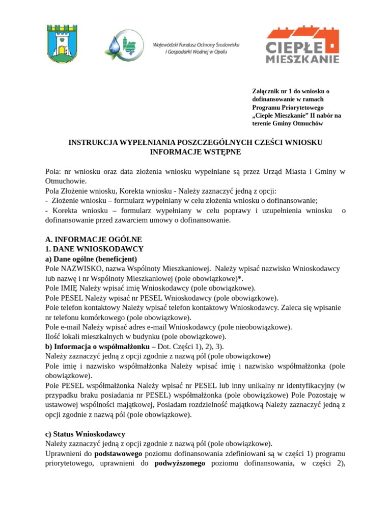 Instrukcja Wypełniania Poszczególnych Cześci Wniosku Informacje Wstępne | PDF