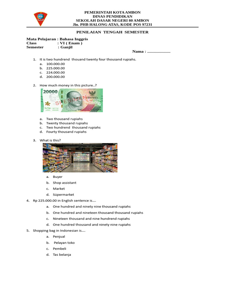 Soal Bahasa Inggris Kelas 6 (Miss Yanti) 1 | PDF