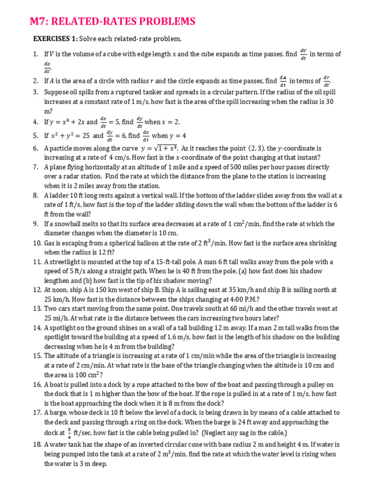 Exercises M7 Related Rates Problems | PDF