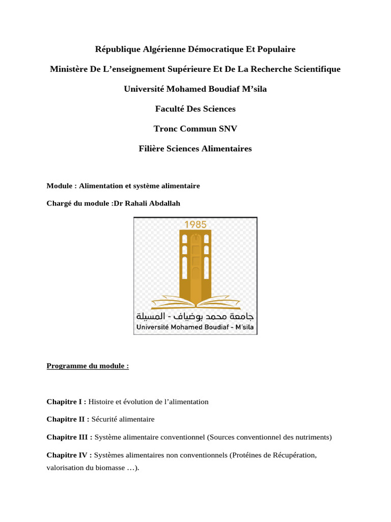 Cours de Alimentation Et Systeme Alimentaire DR Rahali | PDF