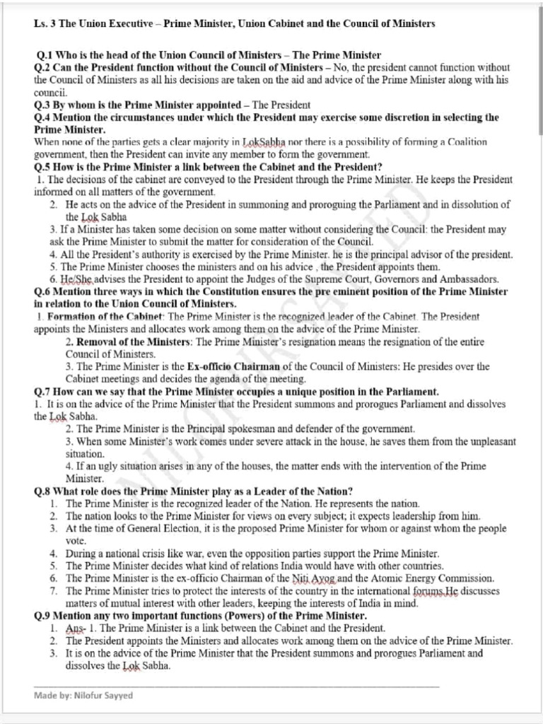 Ls. 3 The Union Executive - Prime Minister, Union Cabinet and The ...
