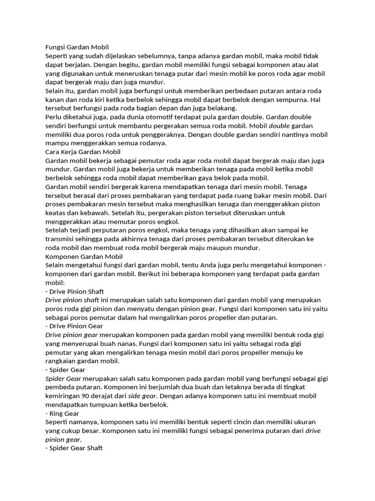 Fungsi dan Komponen Gardan Mobil | PDF | Vehicle Parts | Automotive Technologies