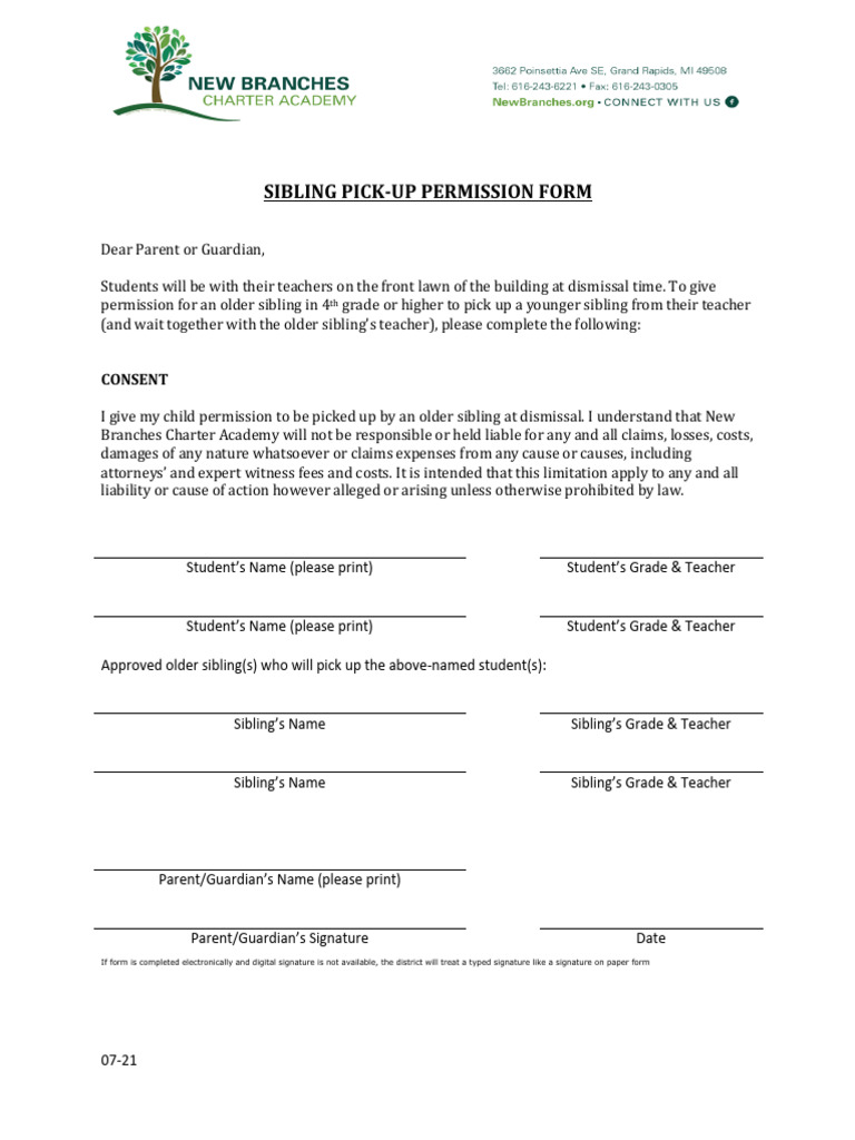 Sibling Pickup Permission Form | PDF