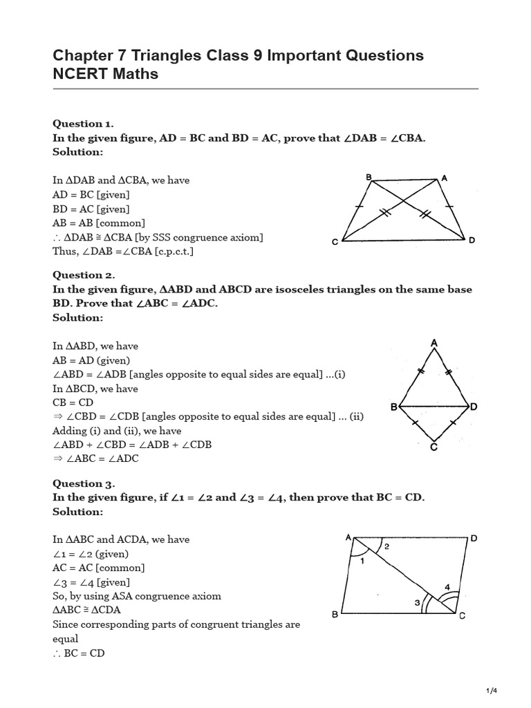 Important Question Cbse Class 9 Maths Chapter 7 Triangles 1 | PDF