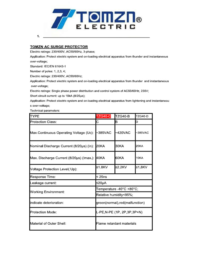 Tomzn Tzg40 C Surge Protection Device | PDF