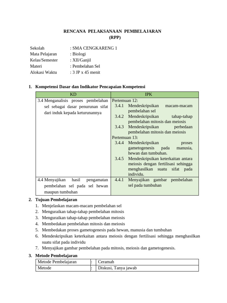 RPP - Pembelahan Sel (Bab 4) | PDF