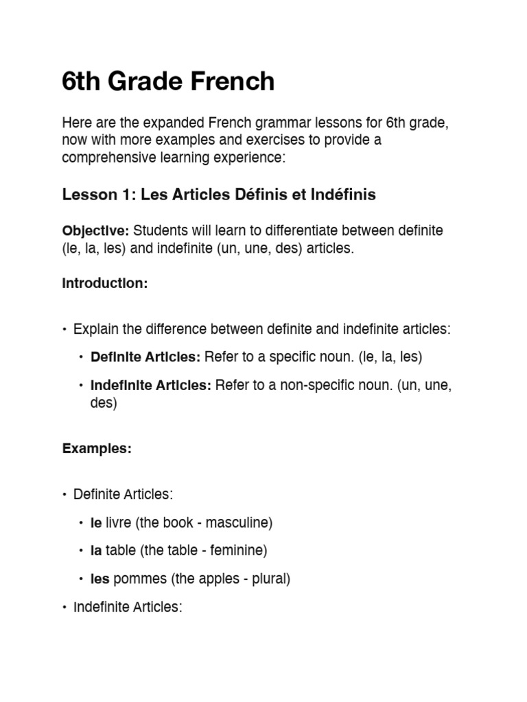 6th Grade French - Lesson 1 - Articles | PDF