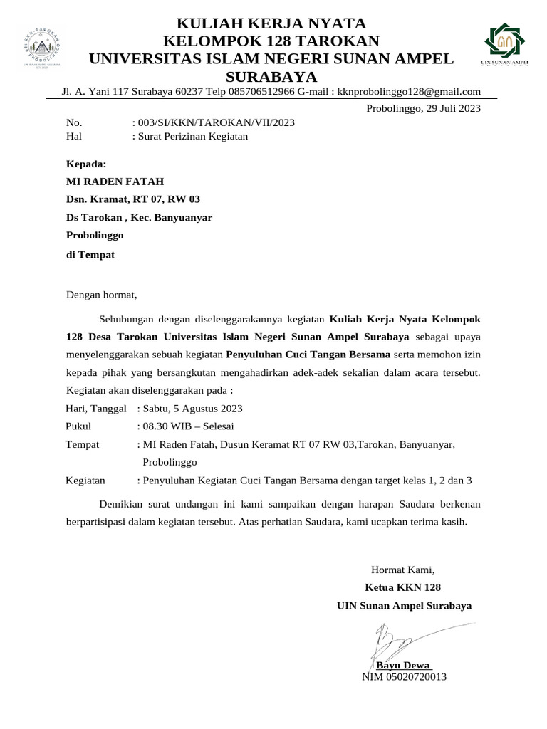 003 - Surat Perizinan Kegiatan MI RADEN FATAH DESA KERAMAT - 050521 | PDF