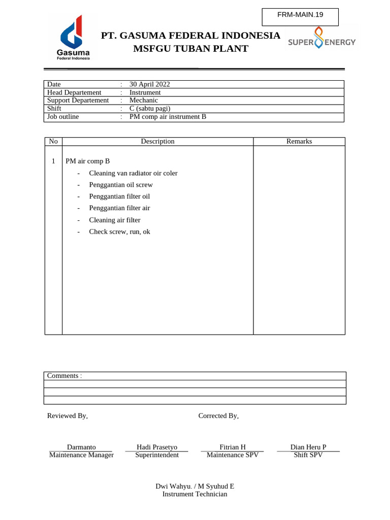 Pt. Gasuma Federal Indonesia Msfgu Tuban Plant: FRM-MAIN.19 | PDF