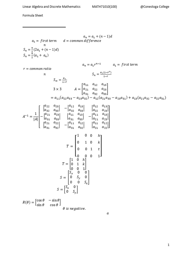 MATH71010-Final Exam Formula Sheet | PDF