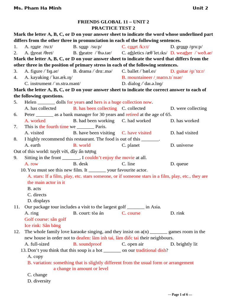Tieng Anh 11 Friends Global - Unit 2 - Test 2 | PDF
