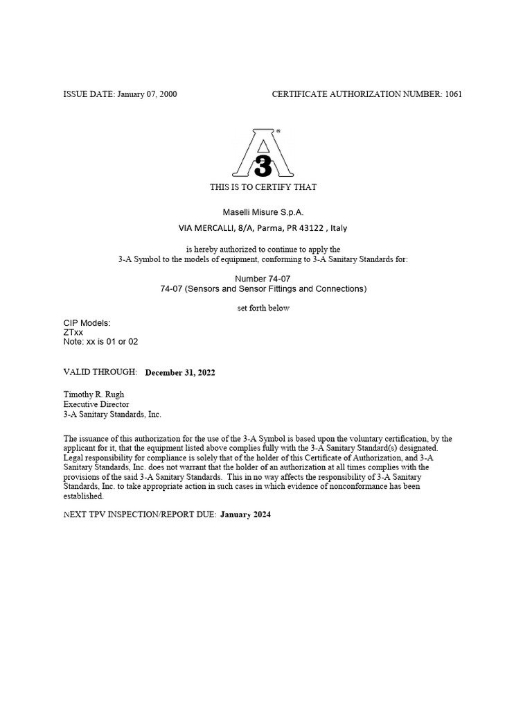 3a Sensors and Fittings Certificate | PDF