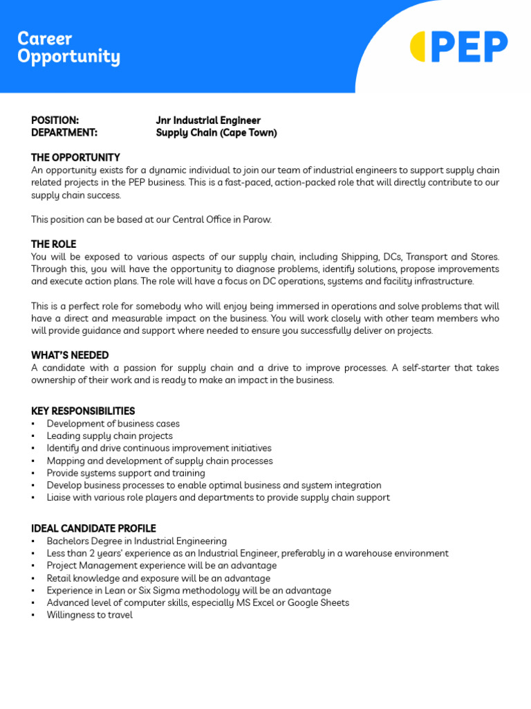 Junior Industrial Engineer Role in Supply Chain | PDF | Supply Chain ...
