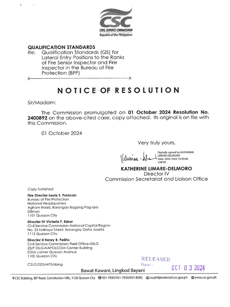 CSC Res. No. 2400892 - QS For Lateral Entry Posiitons BFP | PDF