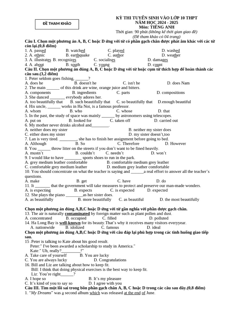De Thi Thu Vao Lop 10 Mon Tieng Anh 2024 Thcs Tho Son | PDF