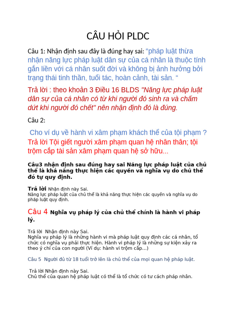 CÂU HỎI PLDC | PDF