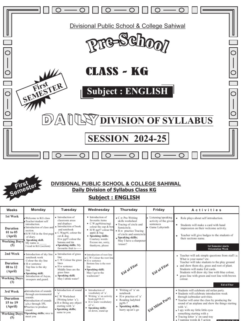 01-English Syllabus KG 1st Sem 2024 | PDF