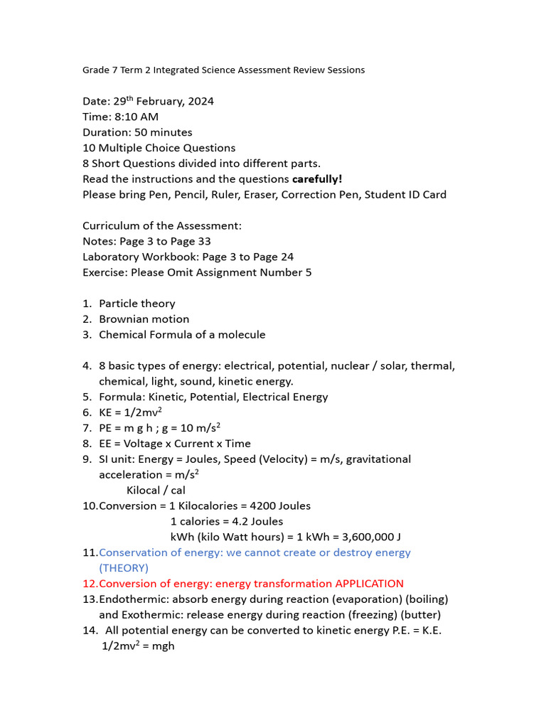 Grade 7 Term 2 Integrated Science Assessment Review Sessions | PDF