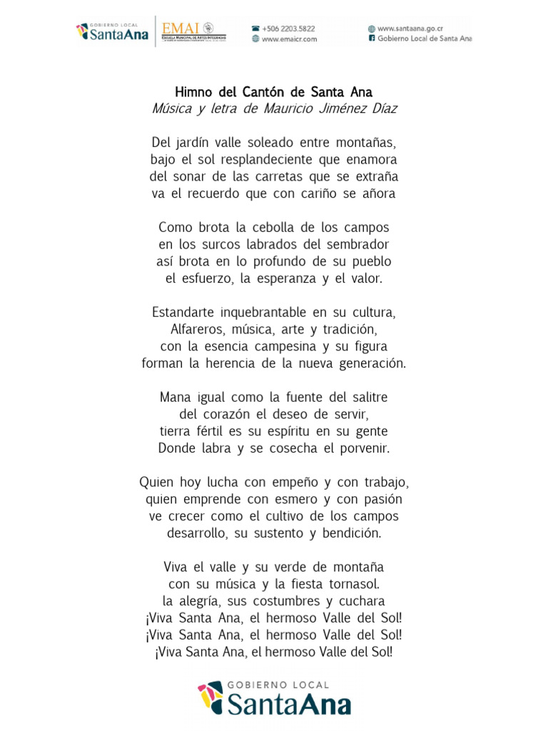 LETRA Himno Del Cantón de Santa Ana - 2023 | PDF | Viajes y turismo ...