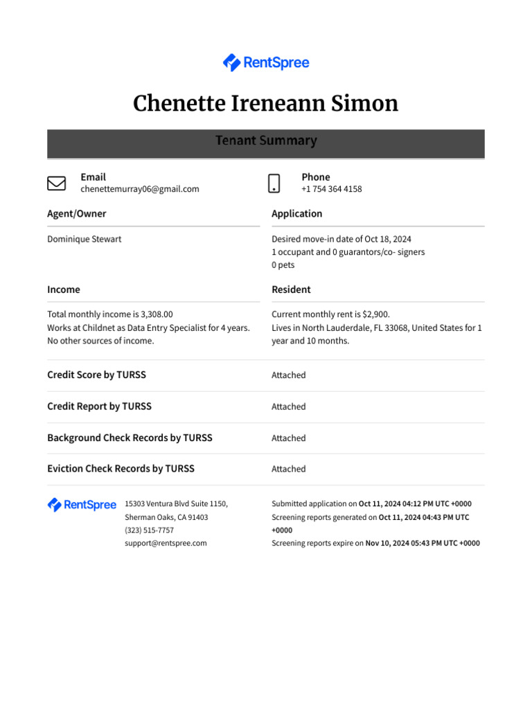 Tenant Application Summary for Chenette Simon | PDF | Credit Card | Credit