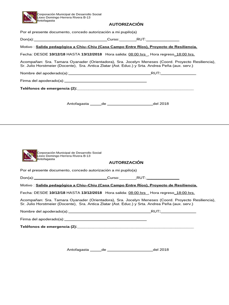 Autorizacion Salida A Gen Casita | PDF