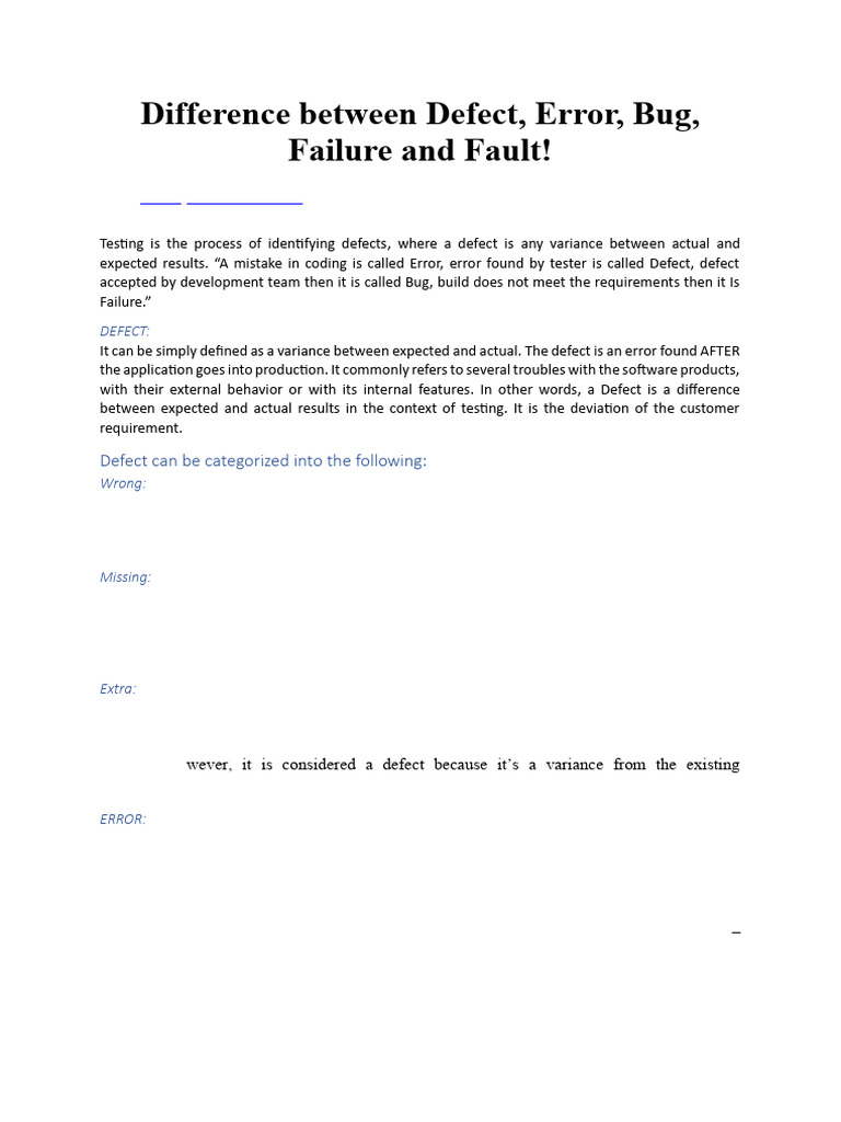 Difference Between Defect, Error, Bug, Failure and Fault | PDF
