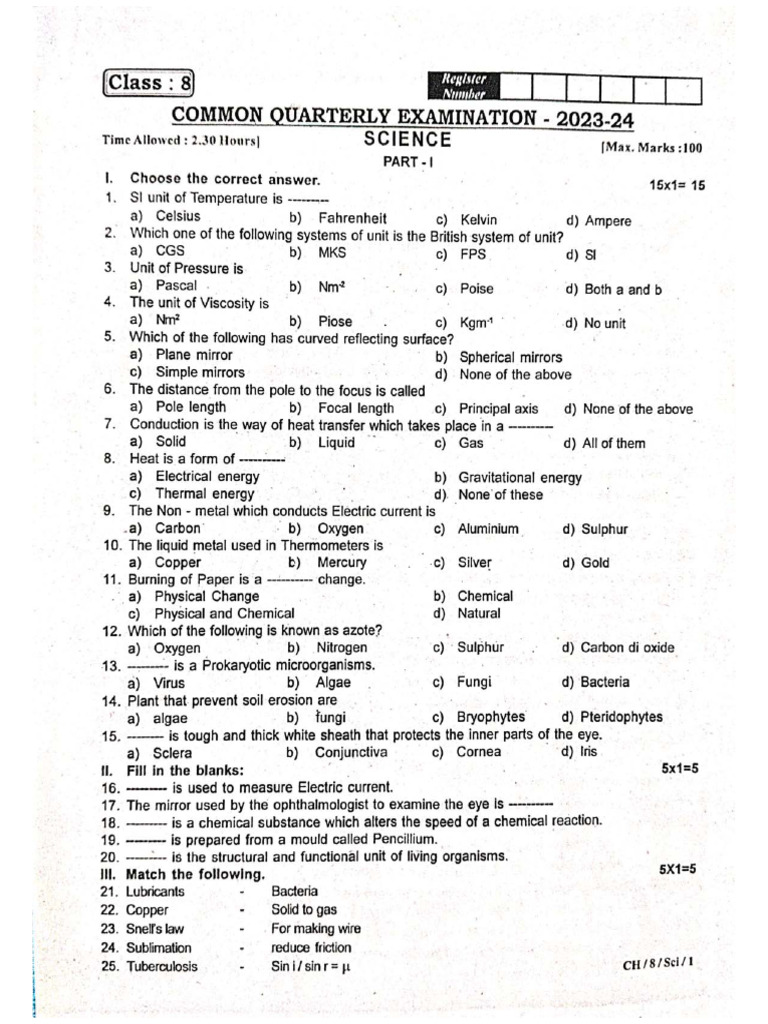 8th Science EM Quarterly Exam 2023 Original Question Paper Chennai District English Medium PDF ...