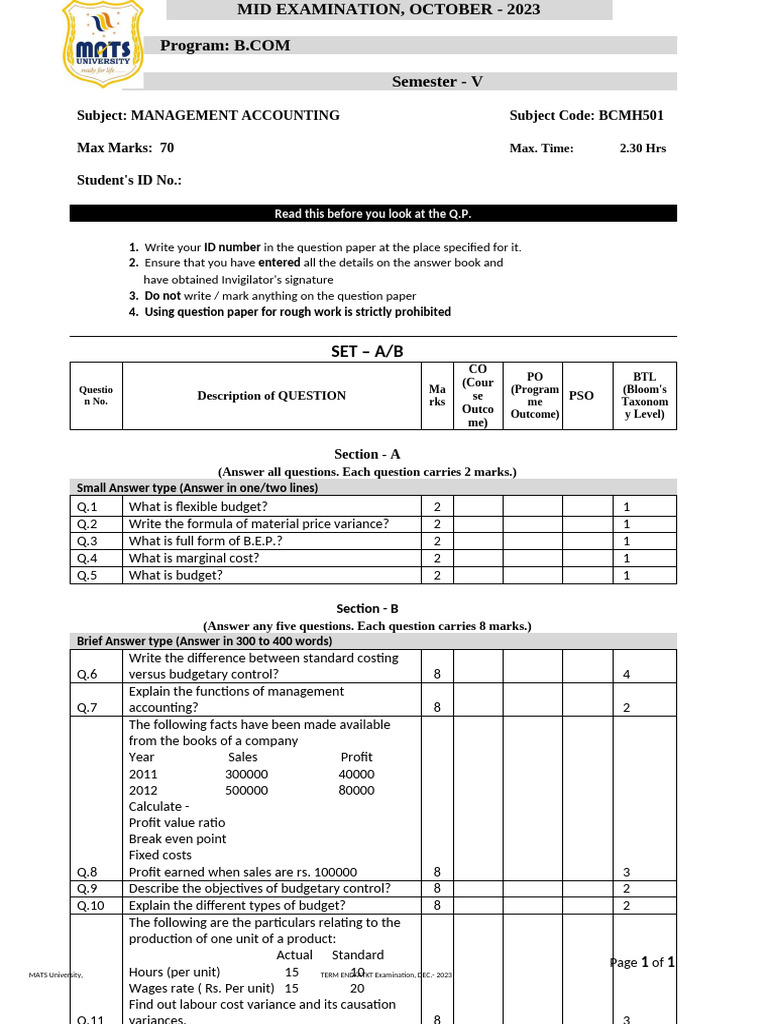 Management Accounting Bcom 5th Mid | PDF