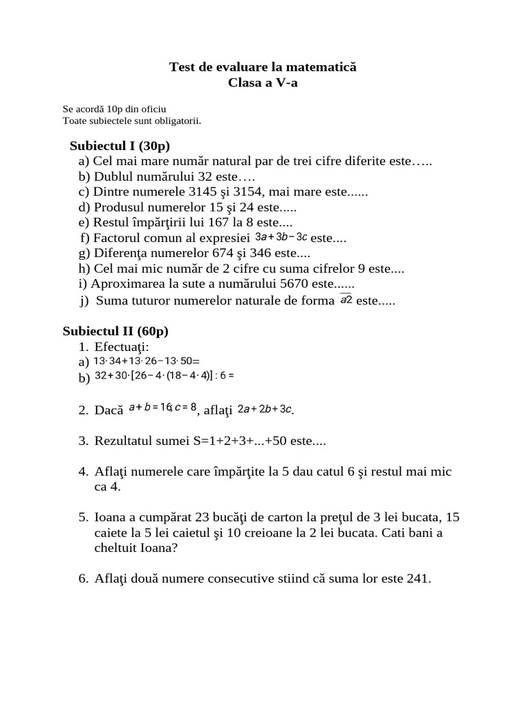 Test de Evaluare Cls 5 | PDF