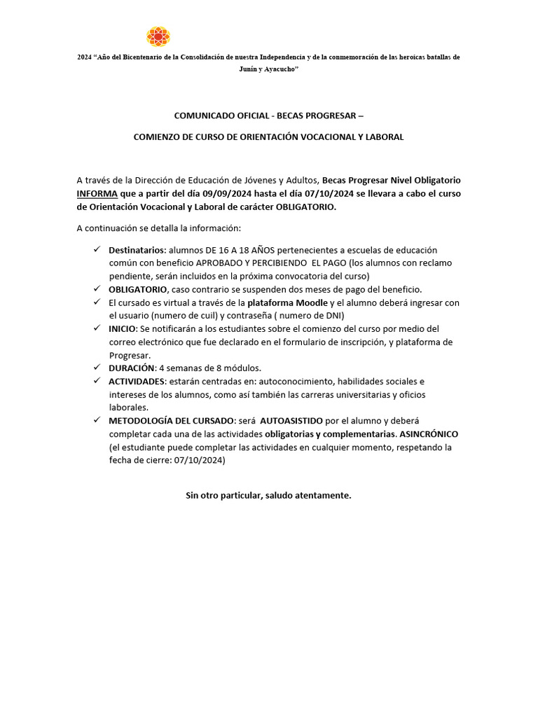 Septiembre Comunicado Oficial Becas Progresar Taller de Orientación Vocacional y Laboral | PDF
