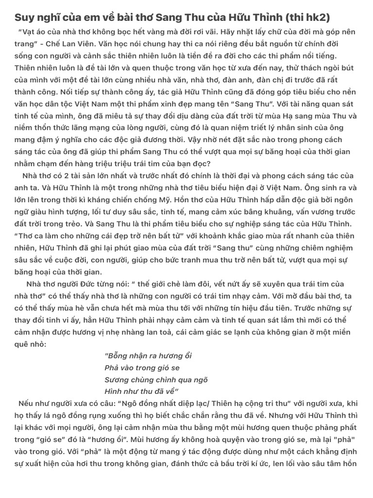 Suy Nghĩ Của em Về Bài Thơ Sang Thu Của Hữu Thỉnh (Thi hk2) | PDF