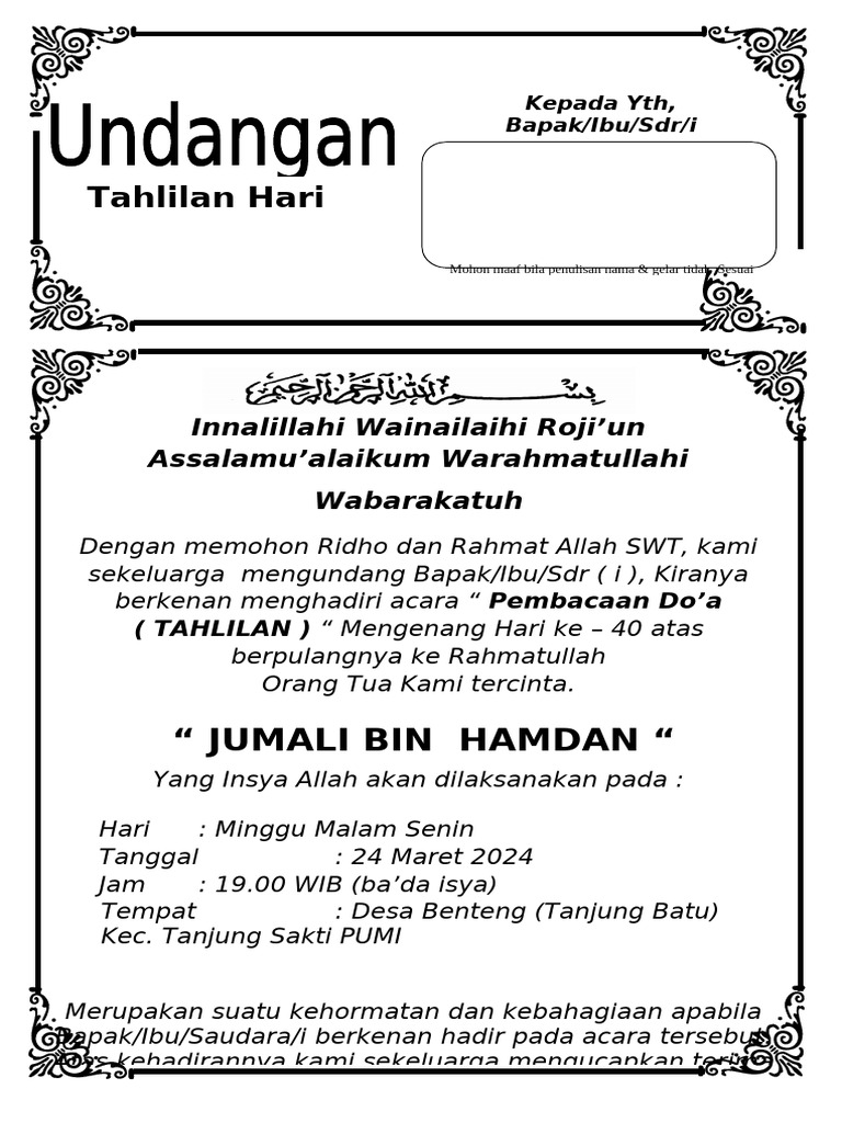 Contoh Undangan Tahlilan 40 Hari Meningg | PDF