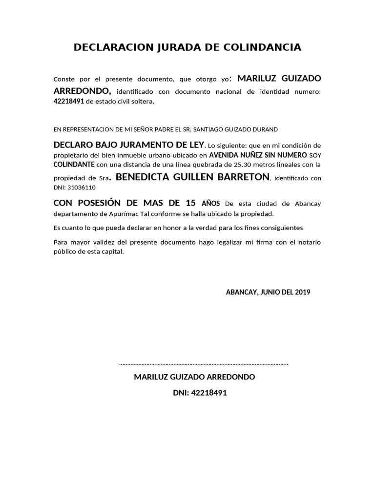 Declaracion Jurada de Colindancia | PDF | Documento de identidad ...