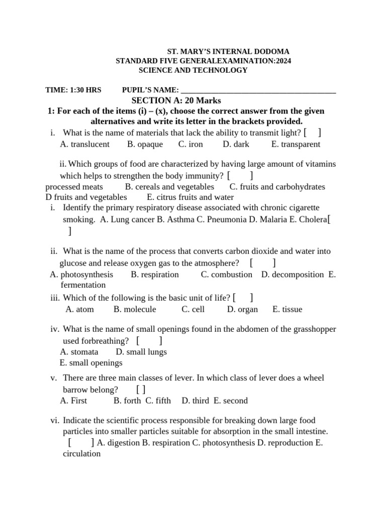 Standard 5 Science Exam 2024 | PDF | Fertilisation | Wellness