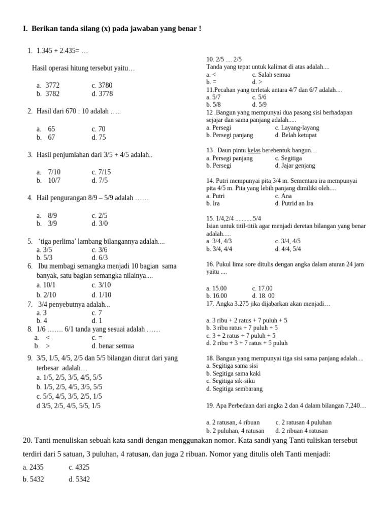 Soal UAS Genap Matematika Kls 3 | PDF