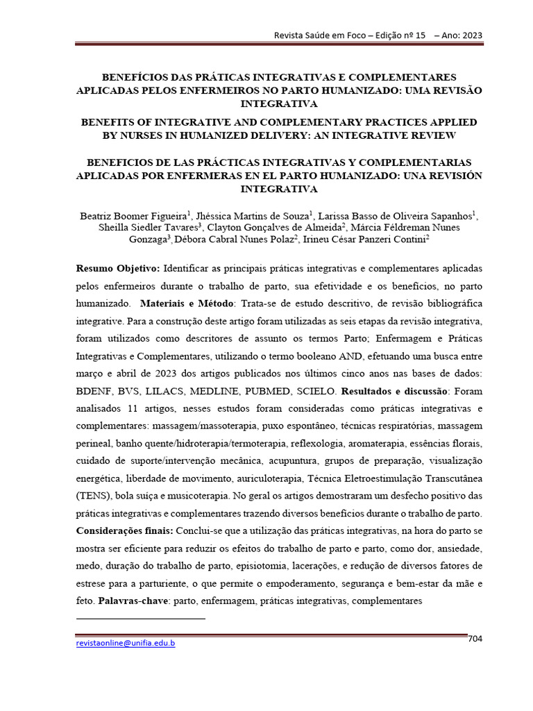 Benefícios Das Práticas Integrativas e Complementares Aplicadas Pelos Enfermeiros No Parto ...