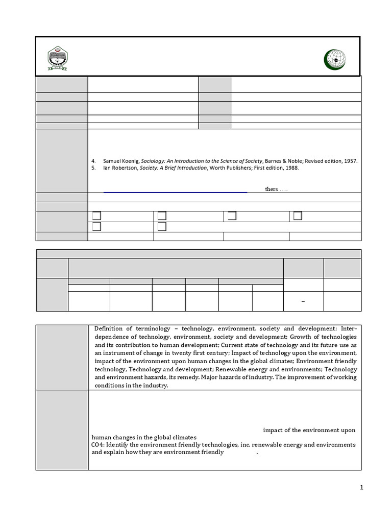 KPI Form - Course Plan - Hum - 4147 - TechnologyEnvironmentSociety | PDF